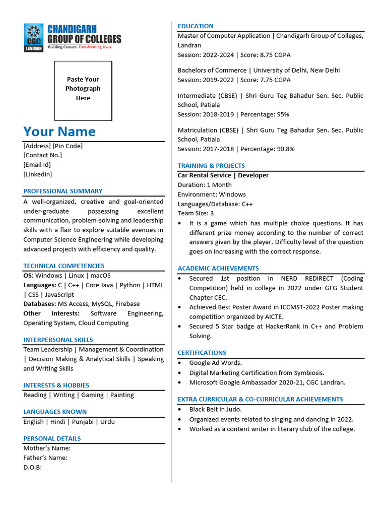 MCA, BCA, BSC (GWD) One Page Resume Format | PDF | Software Engineering | Computing