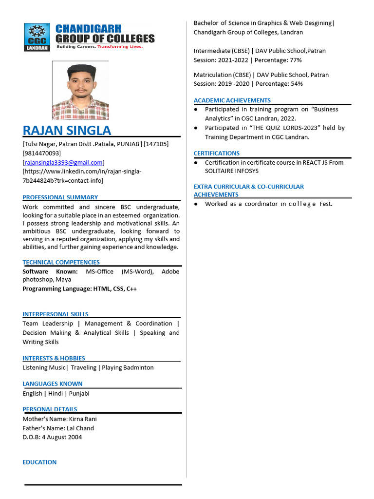 Rajan Singla: BSC Graduate Profile | PDF