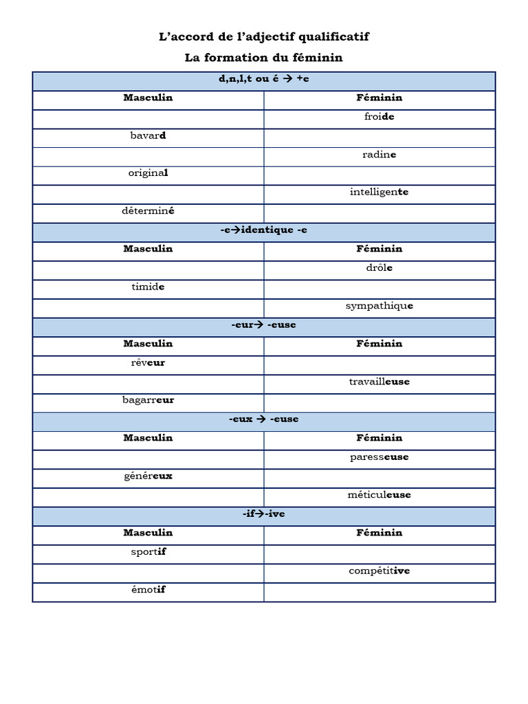 Accord des adjectifs masculin et féminin | PDF