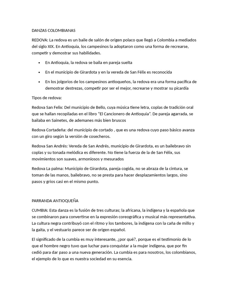 Redova: Danza Folclórica Colombiana | PDF | Bailes | Las artes escénicas