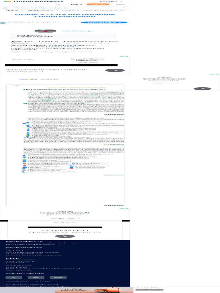 Grade 9 - City Life (Reading Comprehension) Worksheet Live Worksheets | PDF