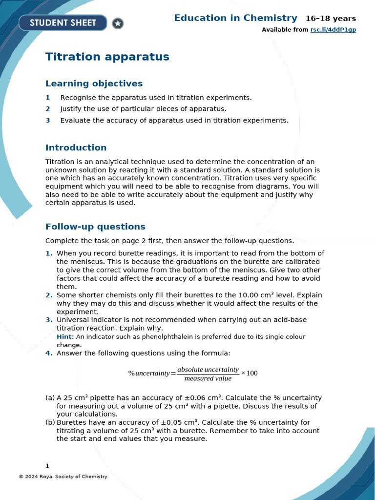 Titration Apparatus: Learning Objectives | PDF | Titration | Chemistry