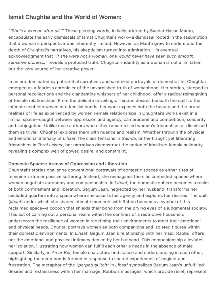 Ismat Chughtai: Women, Caste, and Agency | PDF | Patriarchy | Social ...
