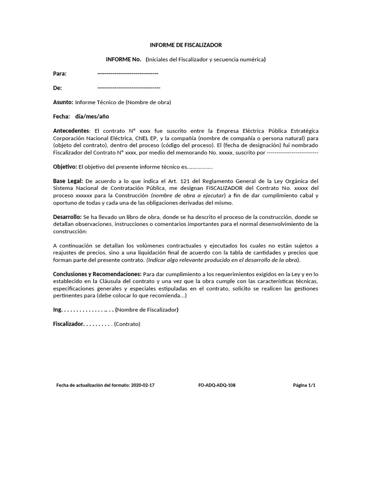 FO-ADQ-ADQ-108 Informe de Fiscalizador | PDF