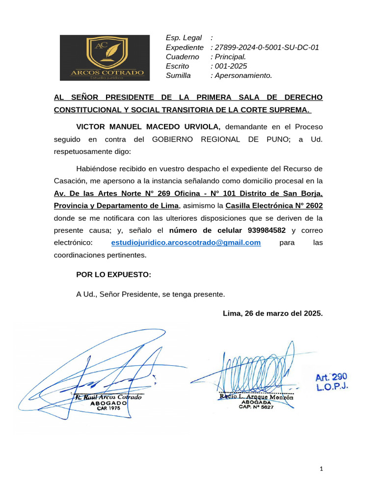 Apersonamiento en Recurso de Casación | PDF