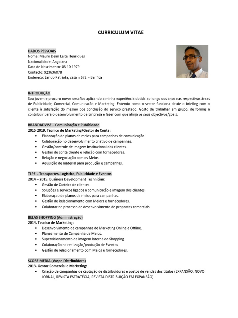 Currículo de Mauro Dean Henriques | PDF | Marketing | Publicidade