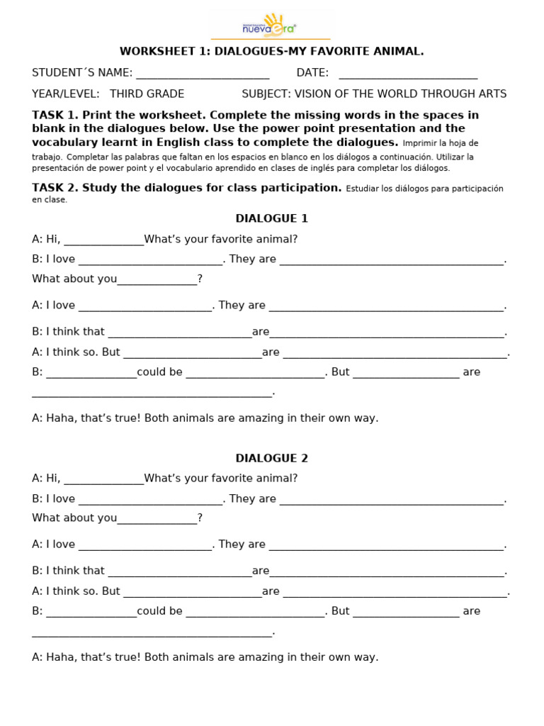 Worksheet 1. Dialogues. My Favorite Animal | PDF