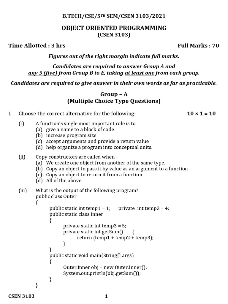 Object Oriented Programming (Csen 3103) | PDF | Class (Computer Programming) | Method (Computer ...