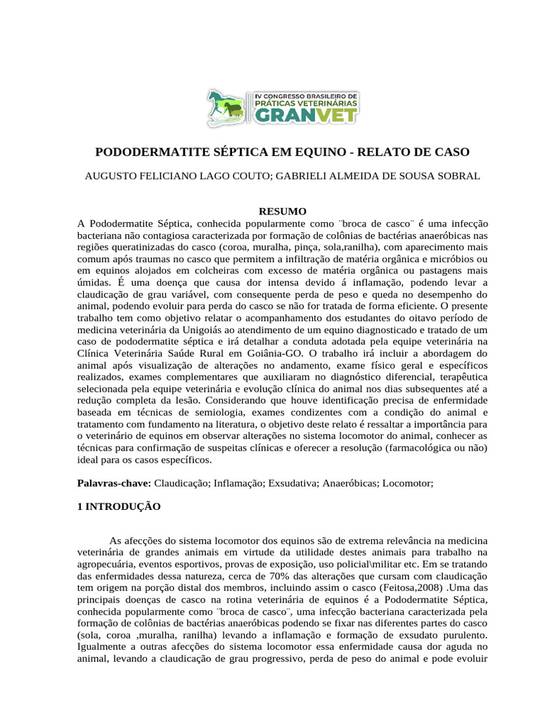 Relato de Caso: Pododermatite Séptica em Equino | PDF | Medicina ...