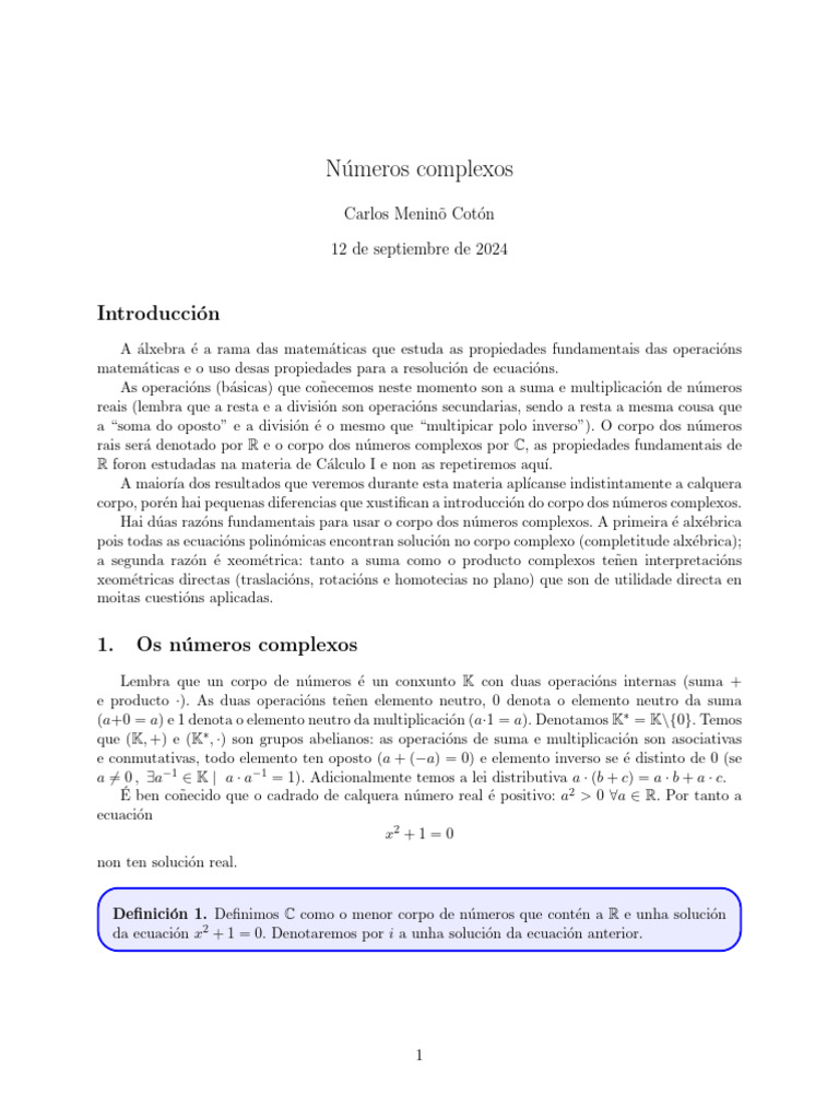 01 Notas - Álxebra Lineal - Números Complexos | PDF