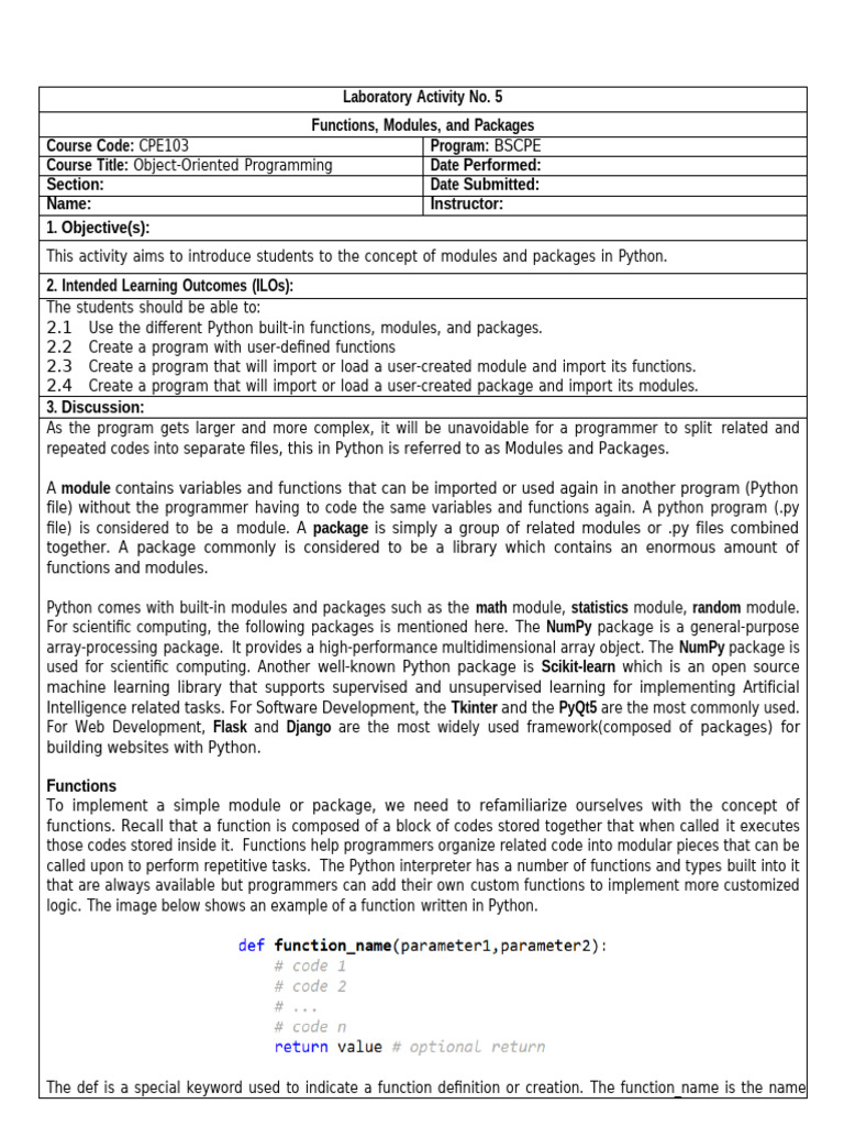 CPE 103 Laboratory Activity 5 Functions Modules and Packages | PDF | Parameter (Computer ...