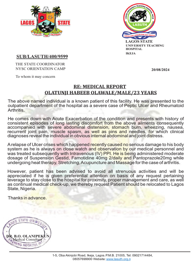 NYSC Medical Report for Patient Relocation | PDF
