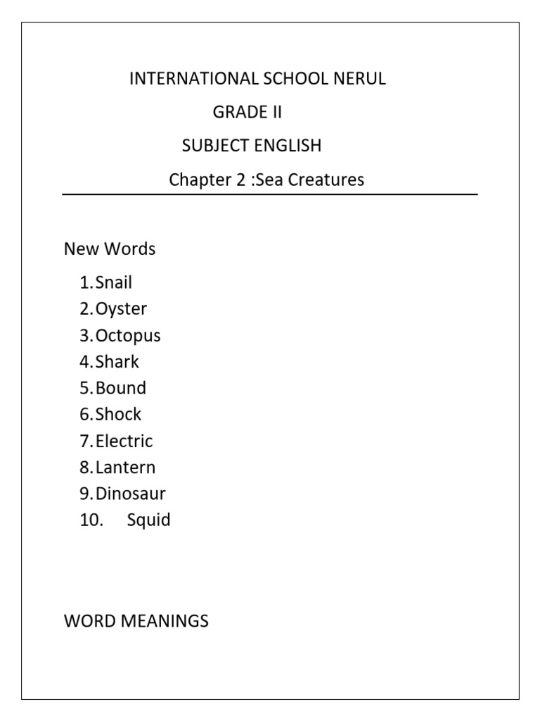 International School Nerul Grade Ii Subject English Chapter 2:sea Creatures | PDF