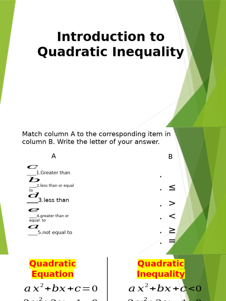 Intro to Quadratic Inequality | PDF | Inequality (Mathematics) | Jargon