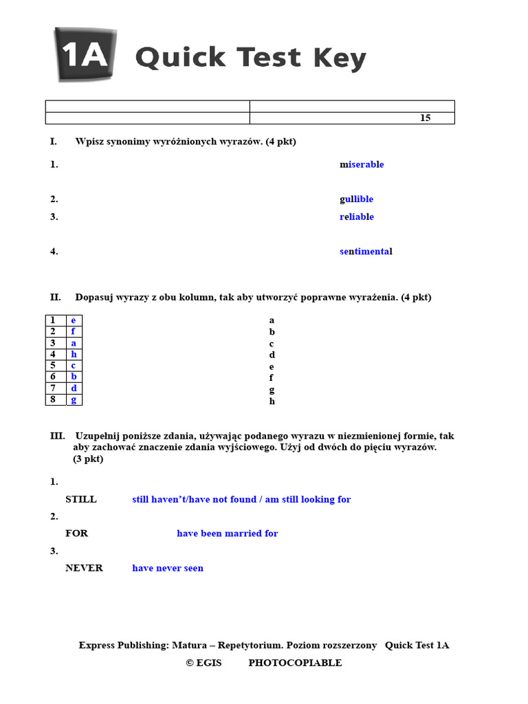 Matura Repetytorium PR Quick Test 1A Key | PDF | Body Language | Semiotics