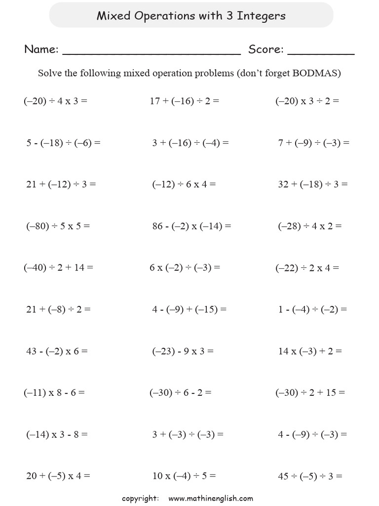 3 Integer Mixed Operations P6 | PDF