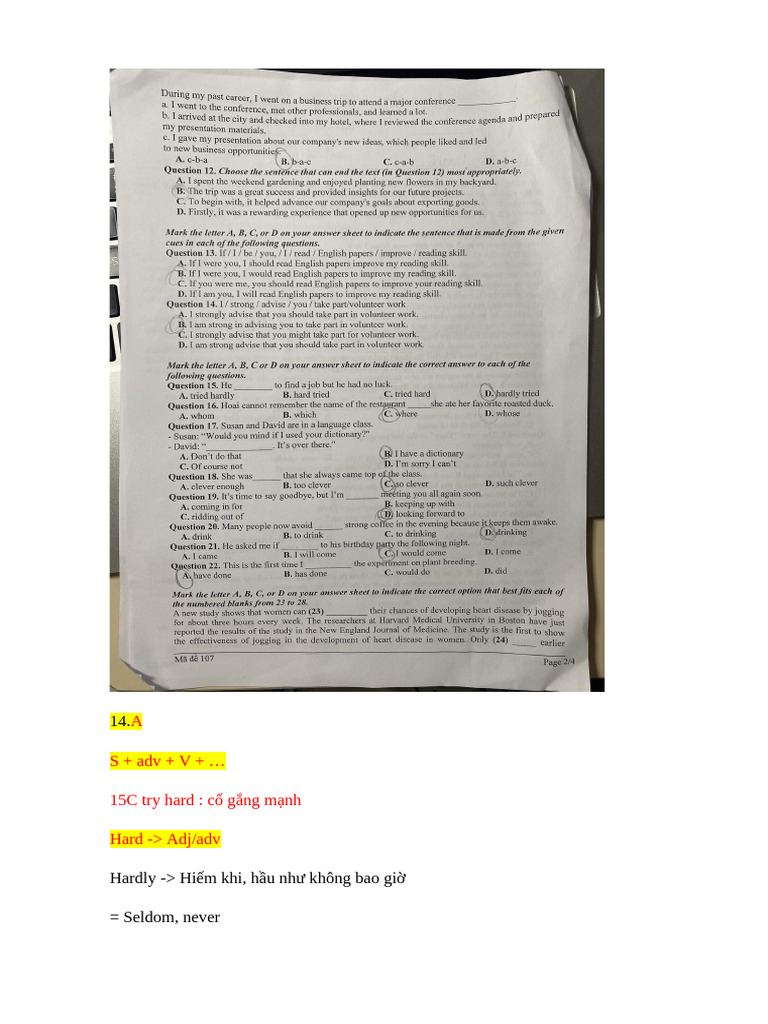 A S + adv + V + … 15C try hard: cố gắng mạnh Hard -> Adj/adv | PDF