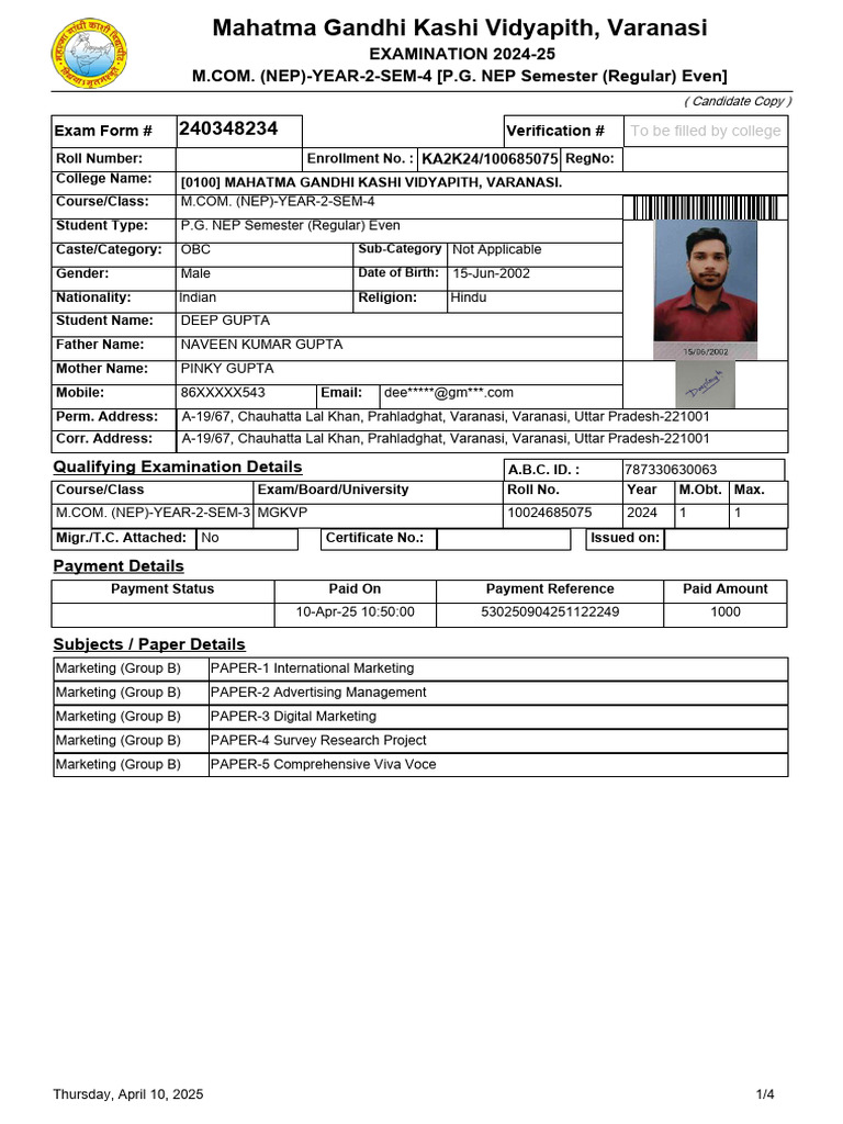 Mcom 4th Sem Admission Form | PDF