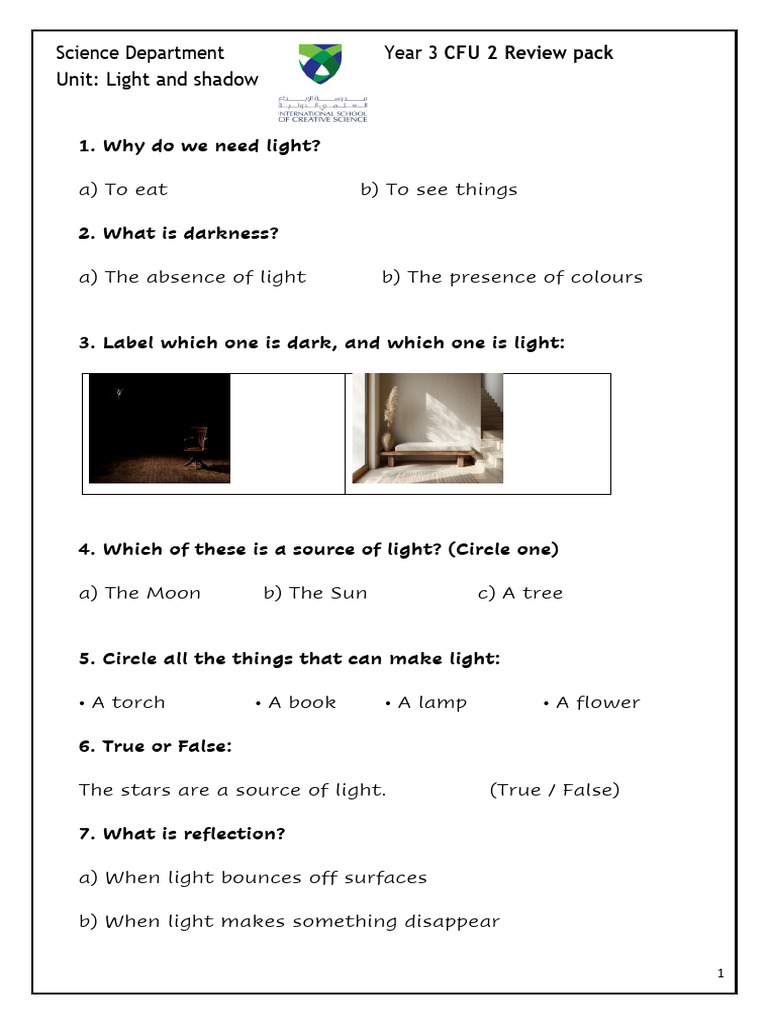Y3 Review Pack (Light and Shadow CFU 2) | PDF | Light | Mirror