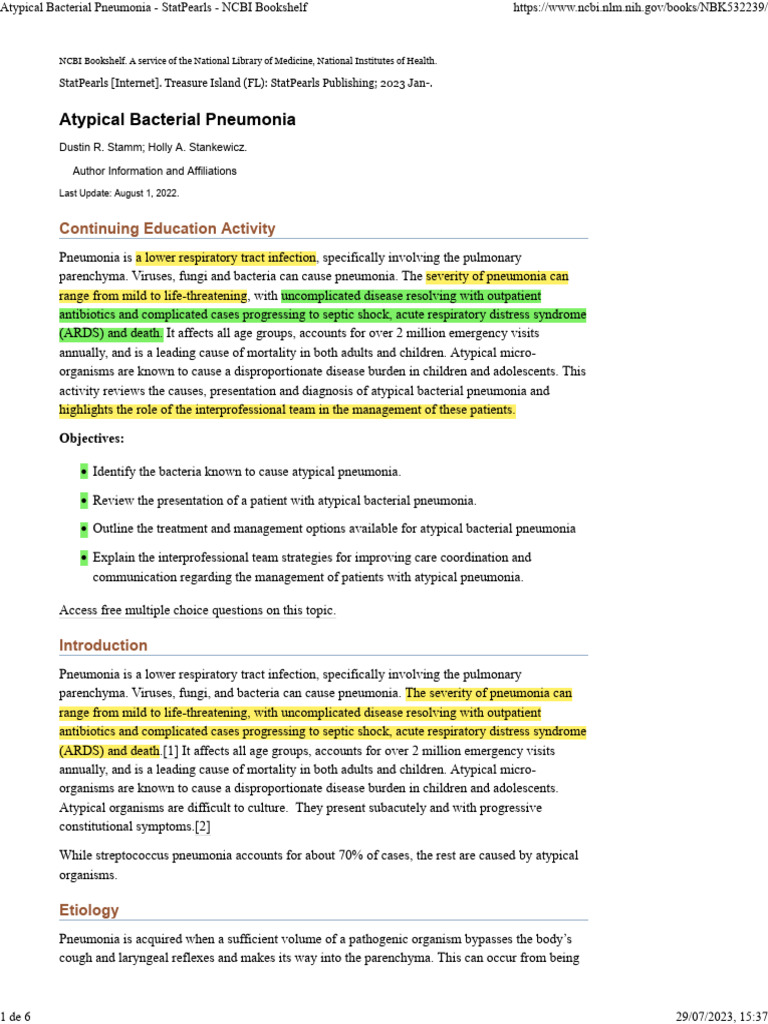 Atypical Bacterial Pneumonia - StatPearls - NCBI Bookshelf | PDF ...