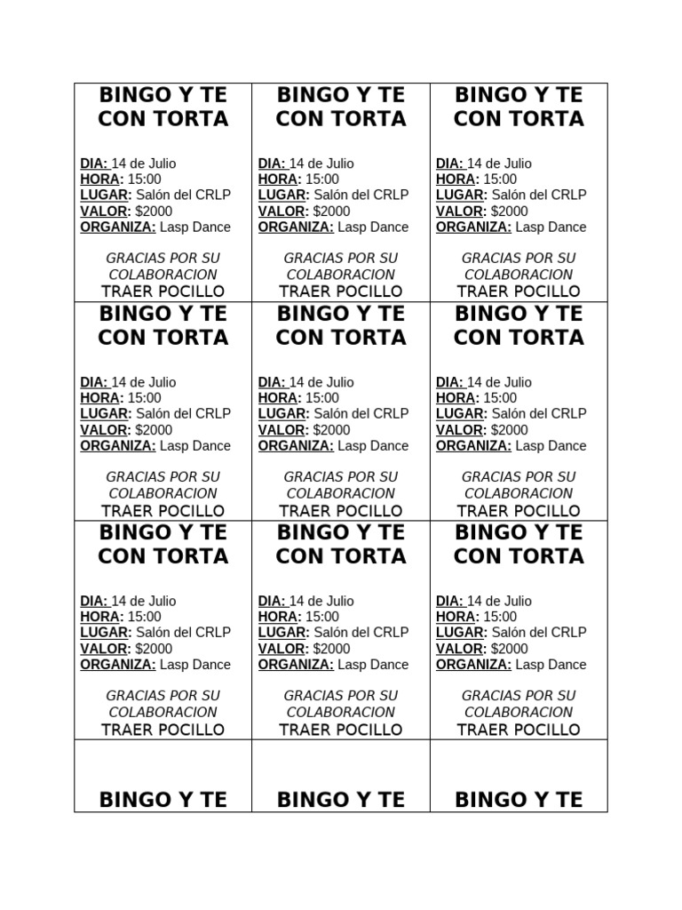 Bingo y Té con Torta - 14 de Julio | PDF