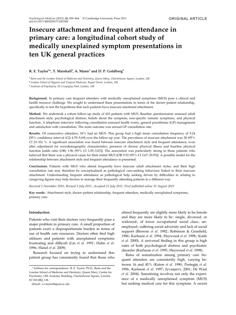 Insecure Attachment and Frequent GP Visits | PDF | Attachment Theory ...