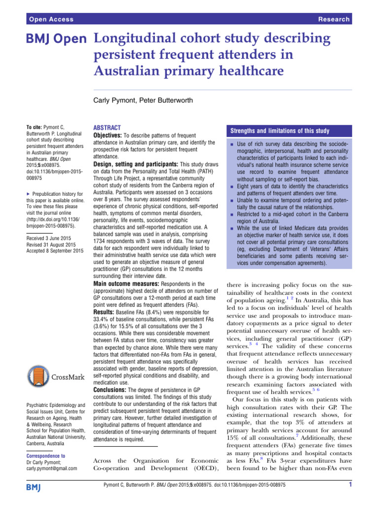 Persistent Frequent Attenders in Australia | PDF | Cohort Study | Anxiety
