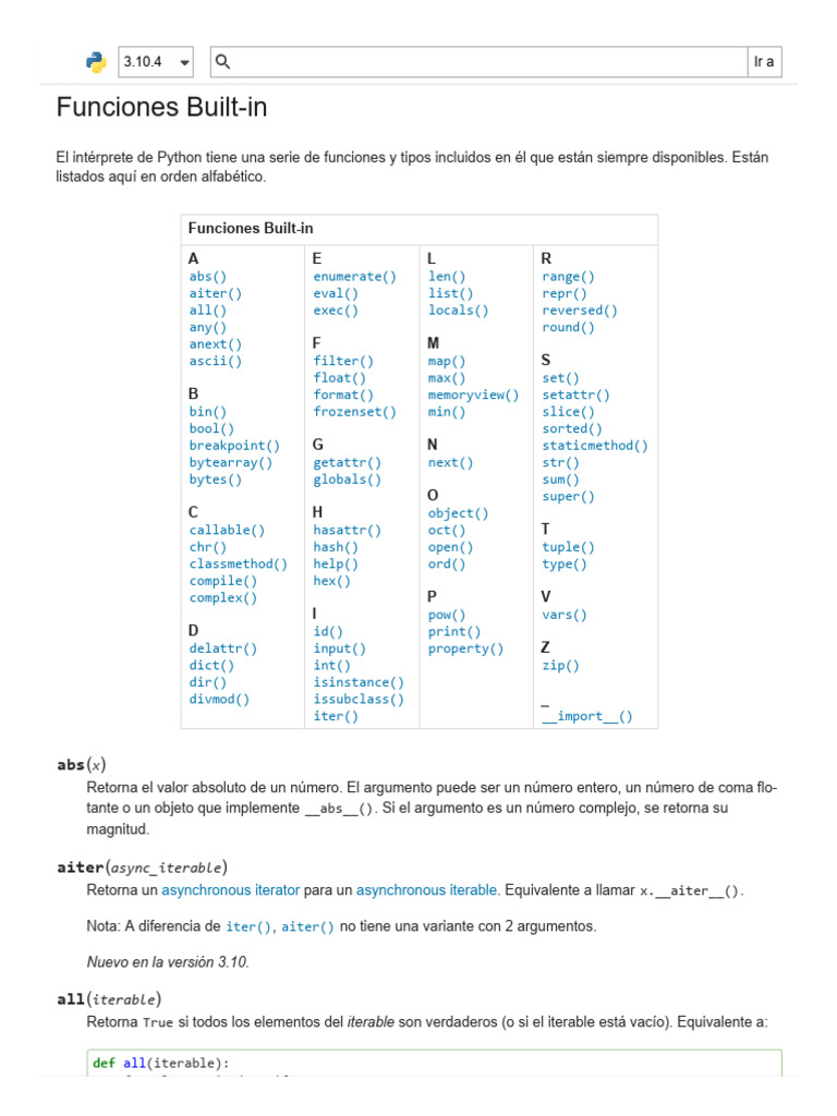 Funciones Built-In - Documentación de Python - 3.10.4 | PDF | Python (lenguaje de programación ...