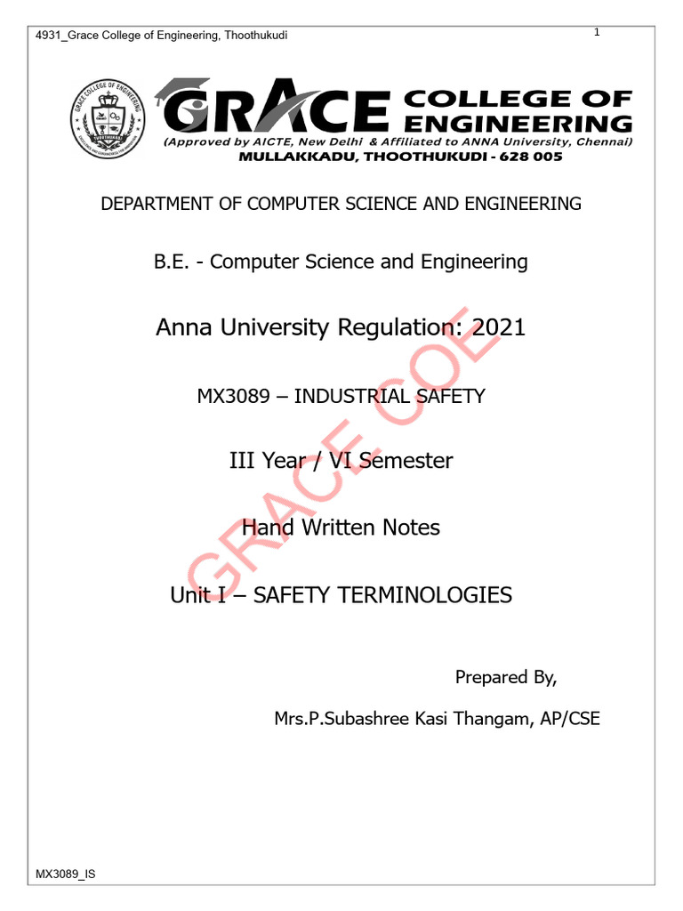 Unit 1 Safety Terminologies | PDF | Workplace | Working Conditions