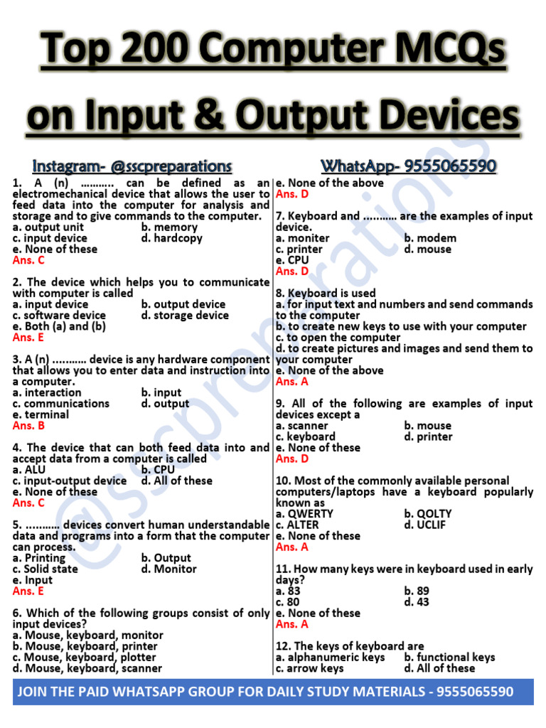 Top 200 Computer Mcqs On Input And Output Devices Pdf Printer