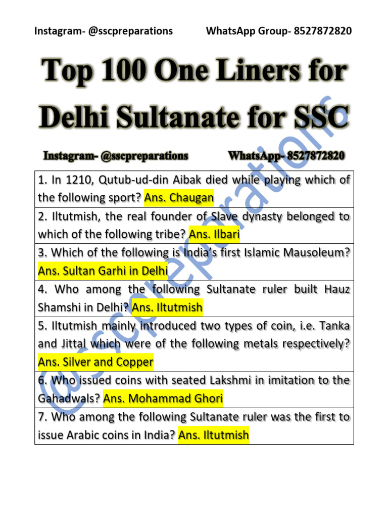 Top 100 Medieval History Revision of One Liners | PDF | Mughal Empire