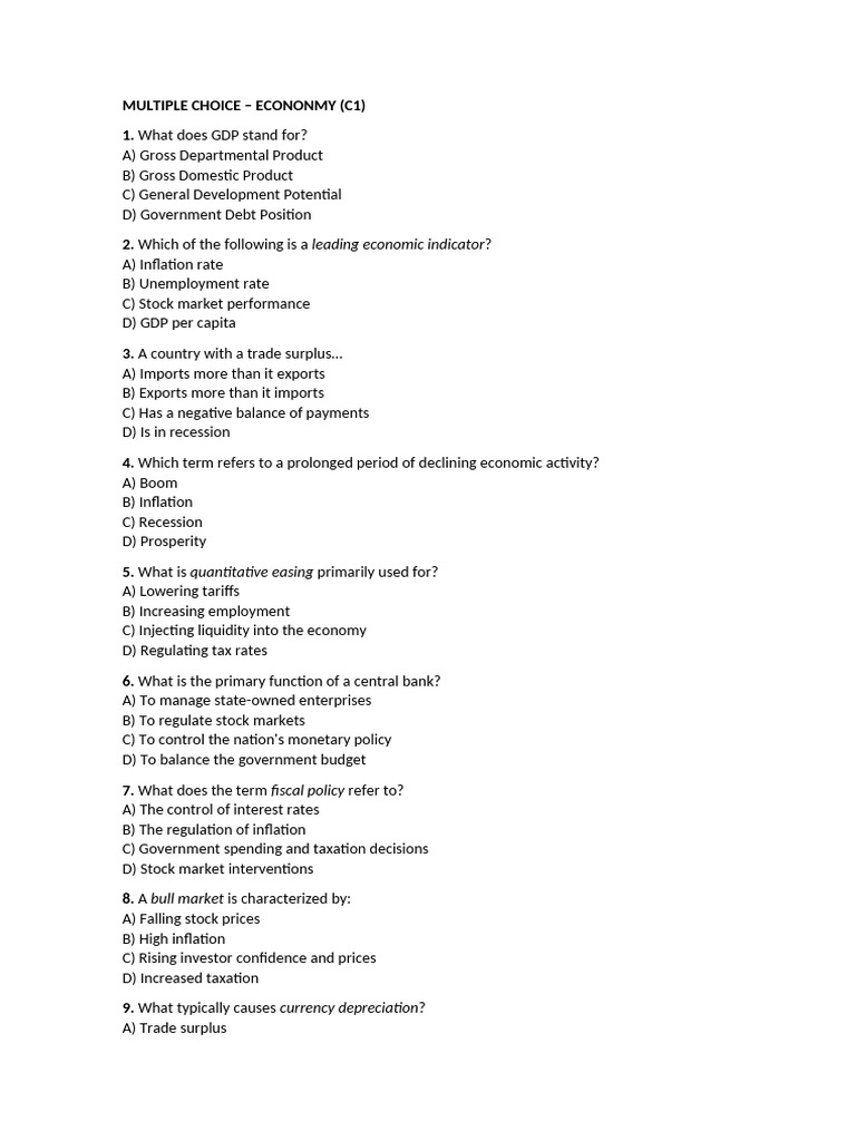 MULTIPLE CHOICE Students Sheet | PDF | Inflation | Fiscal Policy