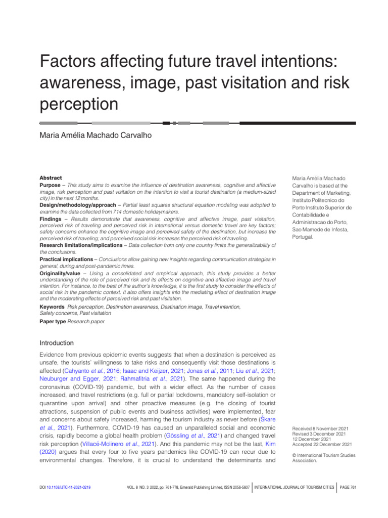 Factors affecting future travel intentions: awareness, image, past visitation and risk ...