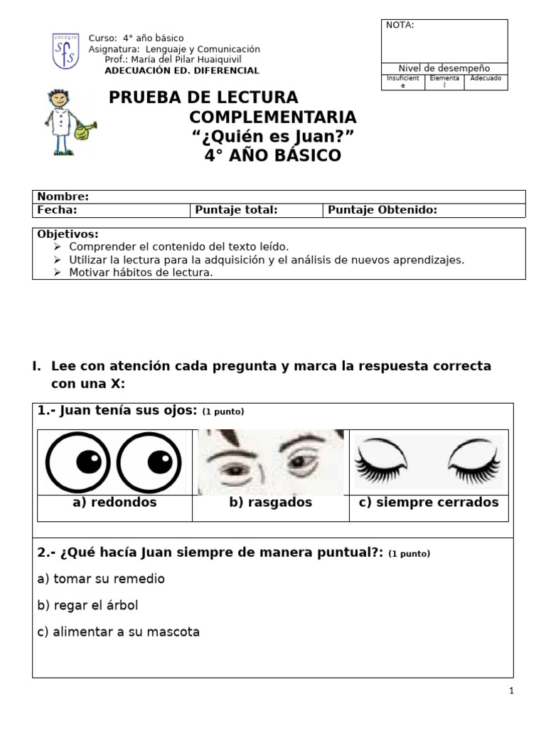 Prueba Plan Lector - ¿Quién Es Juan | PDF