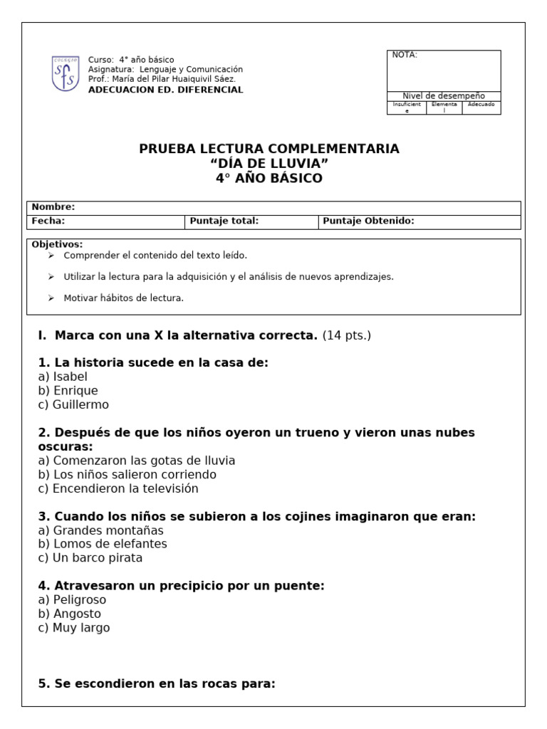 Prueba Plan Lector - Día de Lluvia | PDF