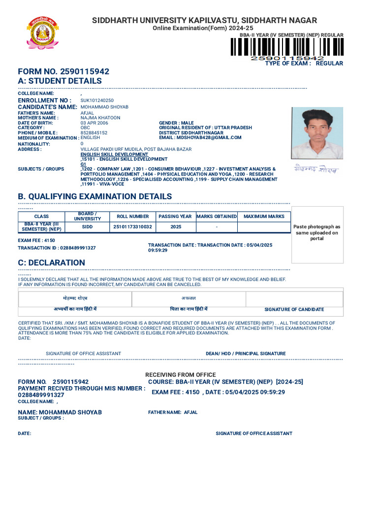 BBA 4th Semester Fee Reciept | PDF