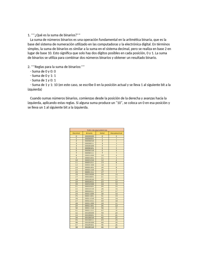 Suma de Binarios: Guía Paso a Paso | PDF