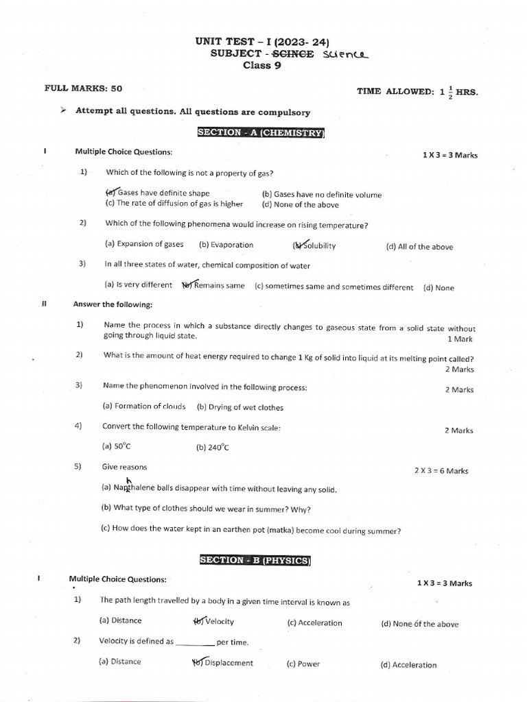 Science Test Paper Class 9 (2023-2024) UT Test | PDF