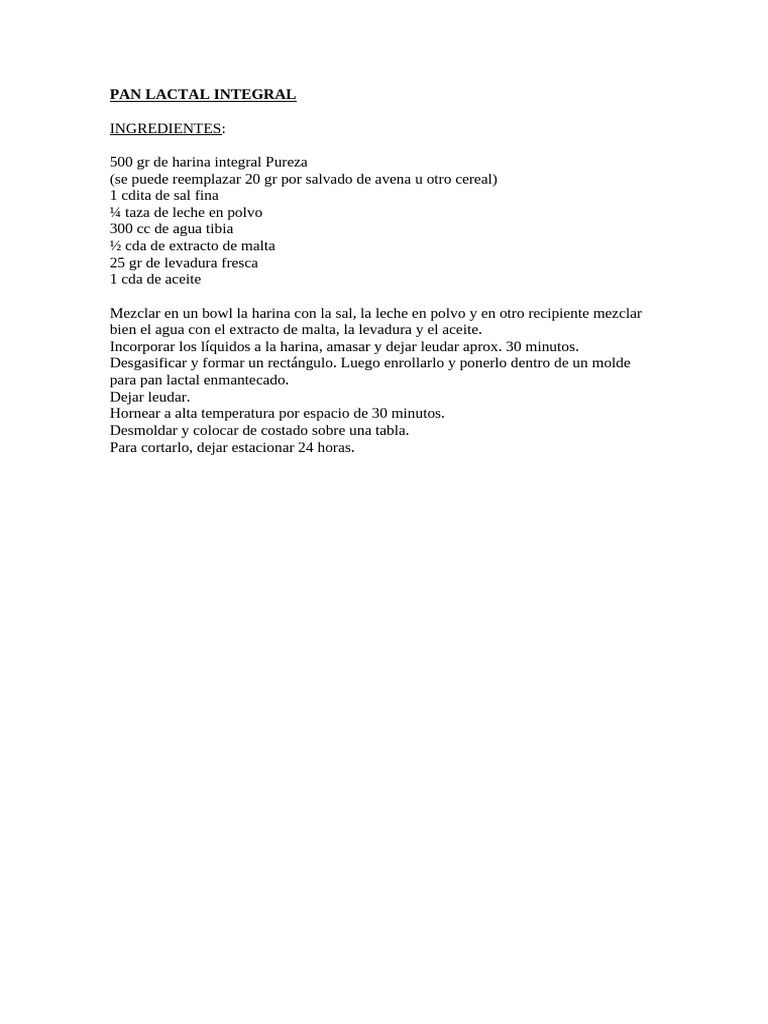 Receta de Pan Lactal Integral Casero | PDF
