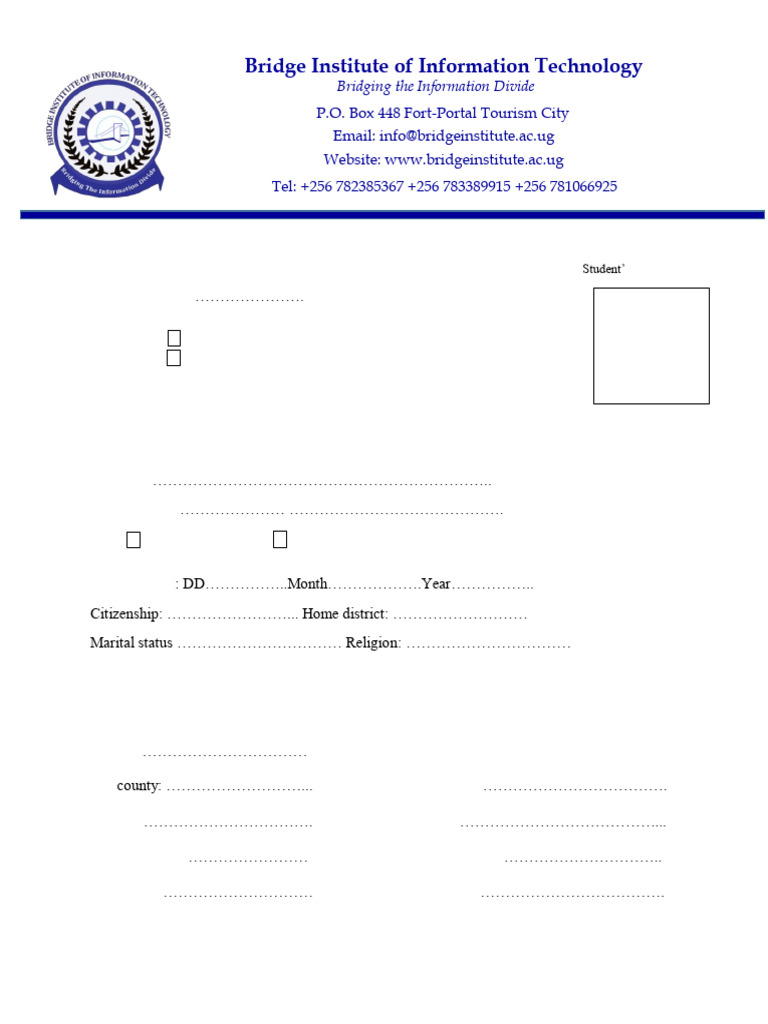 Bridge Institute Student Admission and Application Form Feb 2023 | PDF