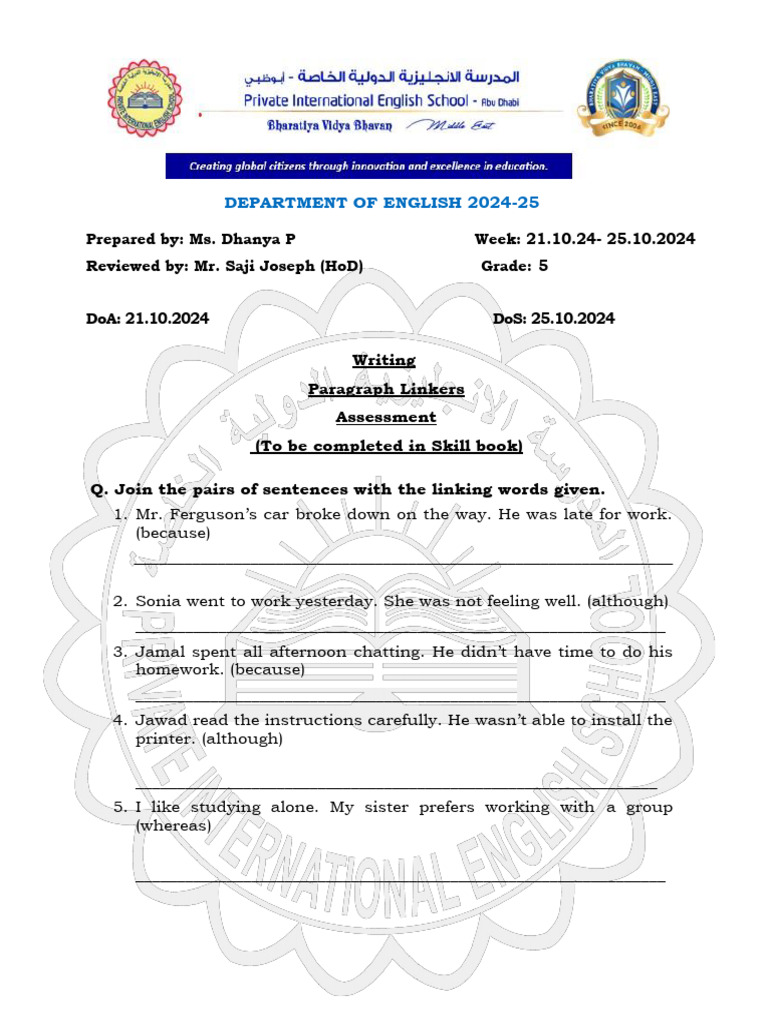 Paragraph Linkers- Assessment | PDF