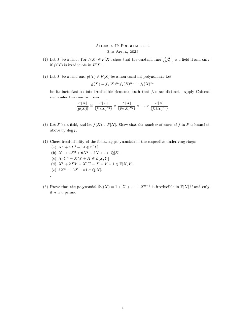 Algebra II Problem Set: Fields & Polynomials | PDF