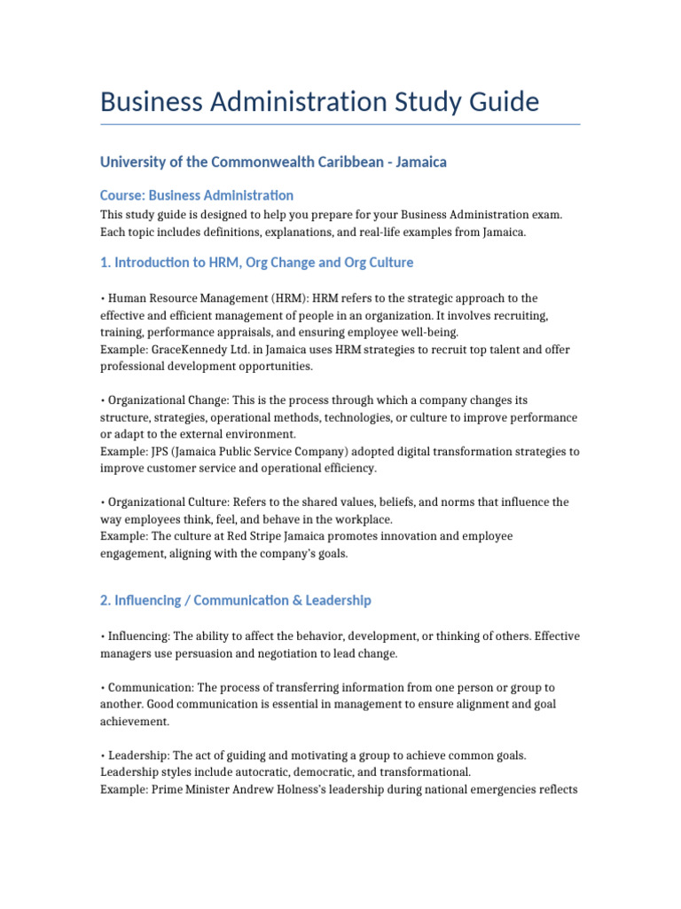 Business Administration Study Guide UCC Jamaica | PDF | Leadership ...
