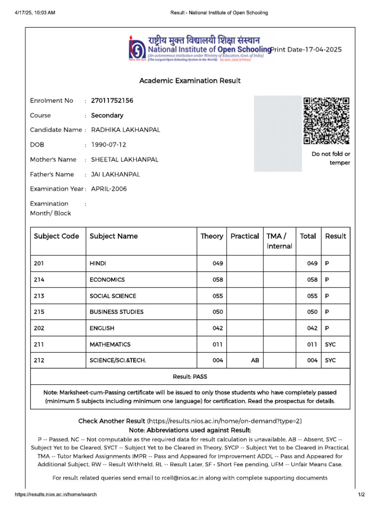 10th Marks Sheet | PDF