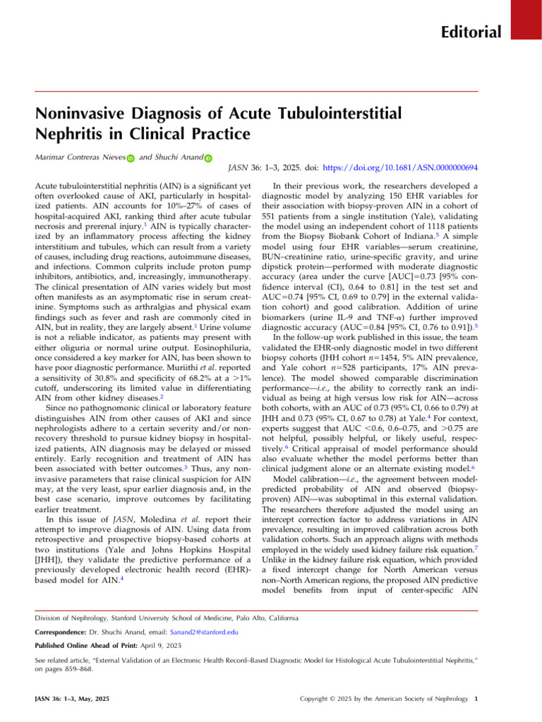 Noninvasive Diagnosis of Acute Tubulointerstitial Nephritis in Clinical | PDF | Medical ...