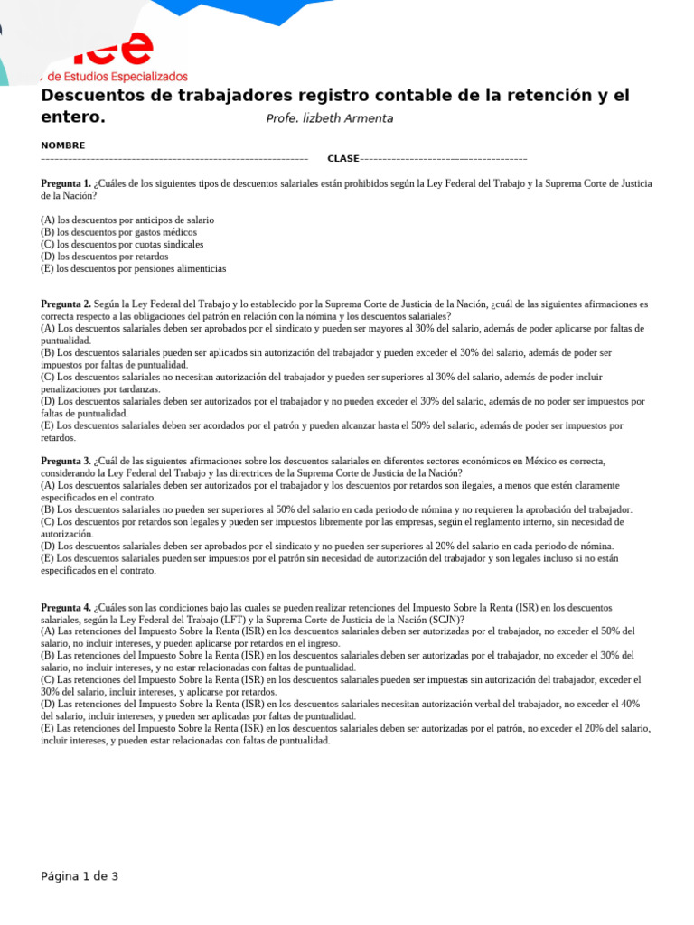 Descuentos y Retenciones en El Salario Segn La Ley Federal Del Trabajo ...