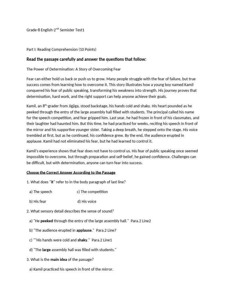 Grade 8 English Test: Reading & Grammar | PDF