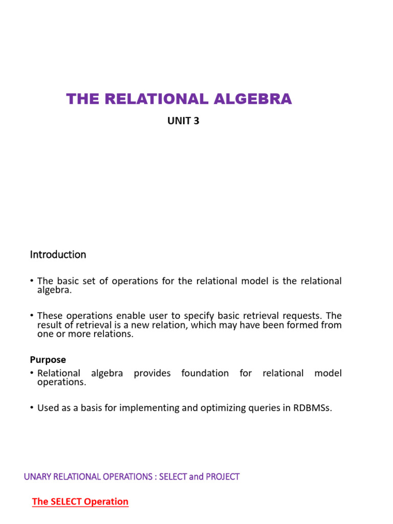 CH-3 DBMS-THE RELATIONAL ALGEBRA AND RELATIONAL CALCULUS | PDF | Relational Model | Computer ...