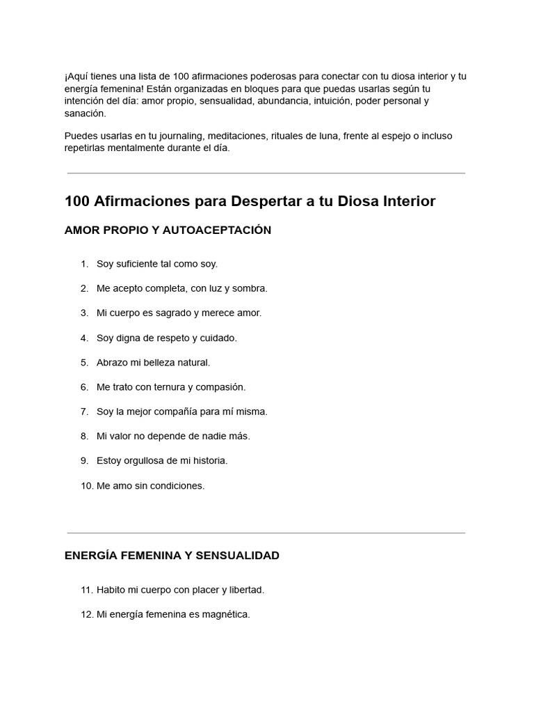 100 afirmaciones para despertar tu energía femenina y tu diosa interior | PDF | Amor