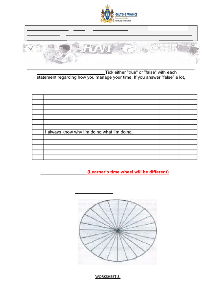Gr. 9, Term 1, Week 10 Memo, Worksheet 3, Time Management, Reading ...